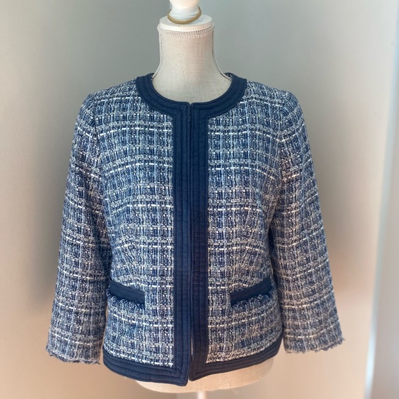 Talbots | Jackets & Coats | Talbots Blue White Woven Collarless Blazer ...